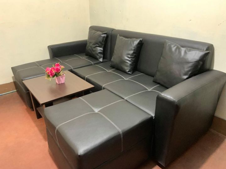 sala set lshape black leather with center table | Lazada PH
