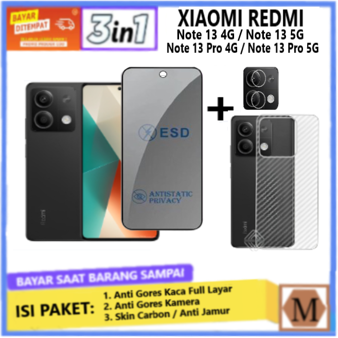 Paket 3in1 Tempered Glass Anti Spy Xiaomi Redmi Note 13 4G Note 13 5G 13 pro 4G 13 Pro 5G Anti ...