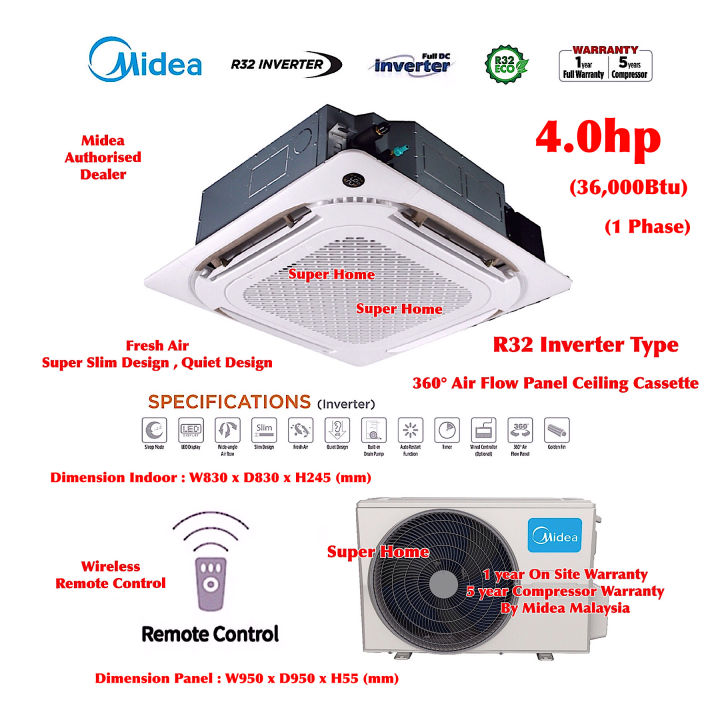Midea 4.0hp Inverter Ceiling Cassette Air conditioner MCX-36CRFNX & MOUX-36CFN8 (Panel MCX-PANEL ...