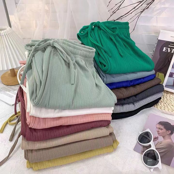 3JS FASHION--High-rise drawstring copper ammonia strips ice silk wide ...