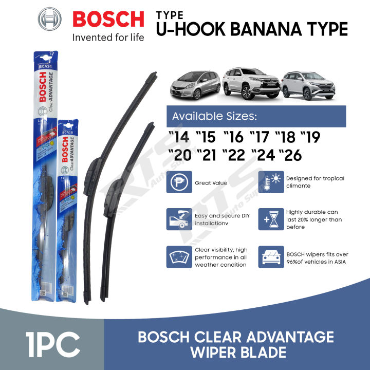 BOSCH Clear Advantage Banana Type Wiper Blade Size: 14 / 15 / 16 /17 / 18 / 19 / 20 / 21 / 22 ...