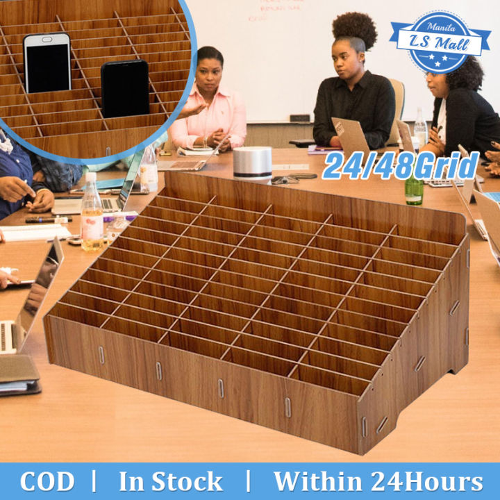 Cell Phone Storage Box 24/48 Grid Wooden Mobile Phone Organizer Desktop ...
