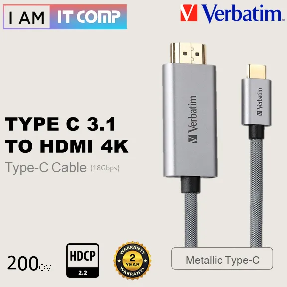 Verbatim Type C 3.1 to HDMI 4K Cable (200cm) / Supports UltraHD & 3D ...