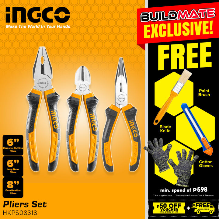 BUILDMATE Ingco 3PCS Combination Plais Long Nose Diagonal Pliers Wire ...
