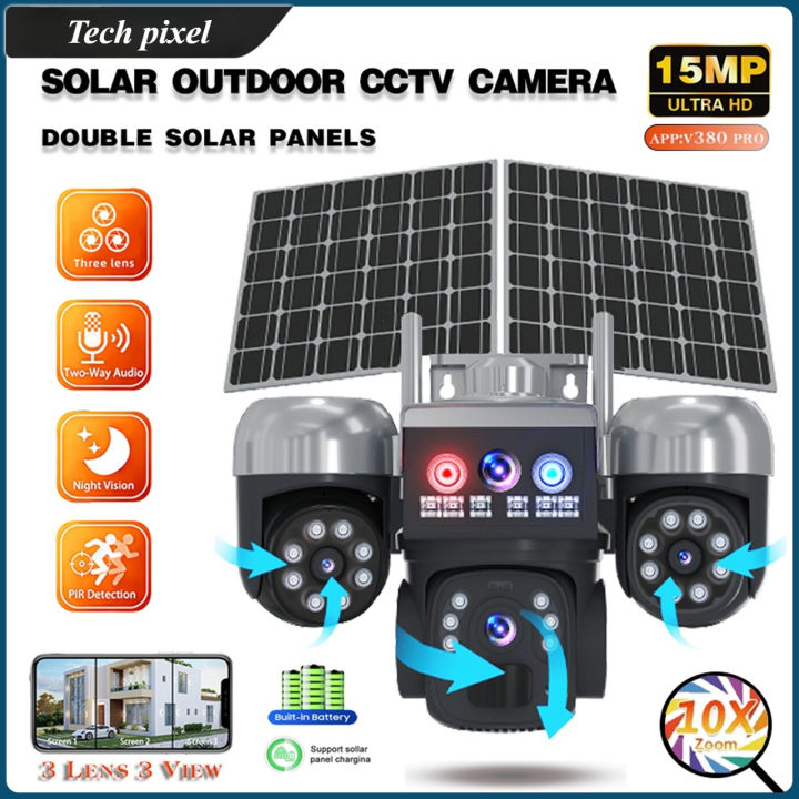 V380 15MP HD Outdoor Camera Three Lens Solar Camera Night Vision PIR ...