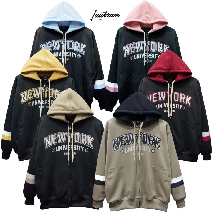 (NY23)(ของแท้)เสื้อคลุมกันหนาว เสื้อฮู้ด New York รุ่นสกรีนแถบแขนและ ...