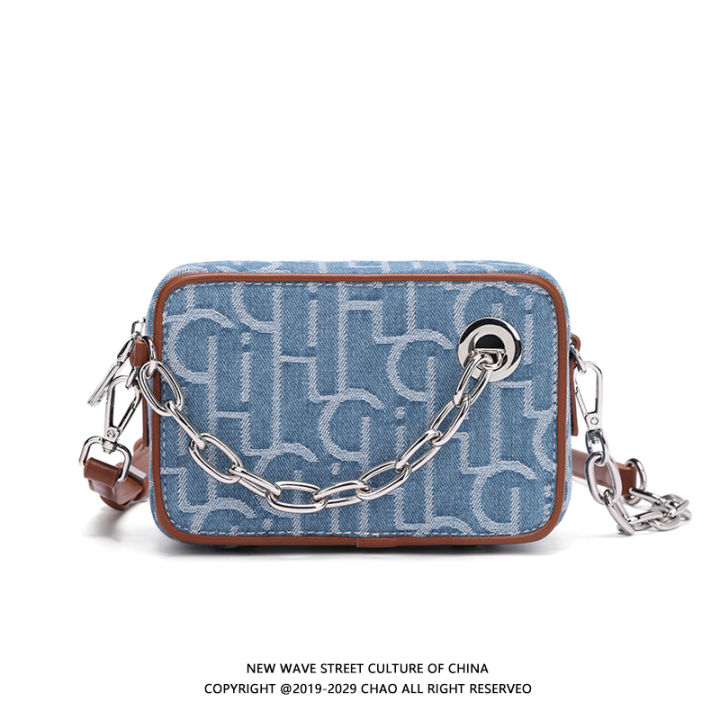 Tide play bag niche designer men's bag reading box bag denim chain ...