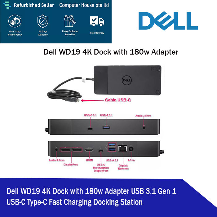 [Refurbished] Dell WD19 4K Dock with 180w Adapter USB 3.1 Gen 1 USB-C ...