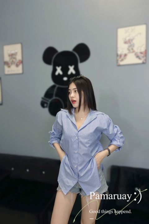 099 เสื้อเชิ้ตลายริ้ว ดีเทลแต่งกระดุม หน้า-หลัง | Lazada.co.th