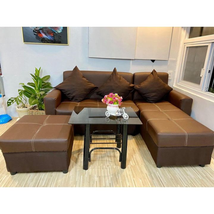 COD sala set L shape brown leather sofa with glass table uratex foam ...