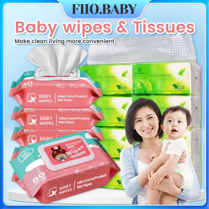 FIIO 18PCS Baby Wipes and 8pcs Tissue Combo Unscented 10 packs Wipes 80 sheets Baby Wipes and ...