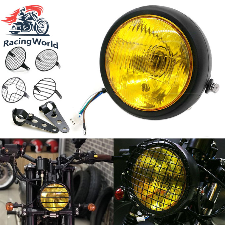 Motorcycle Universal Headlight Retro With Bracket and grille Lampshade ...