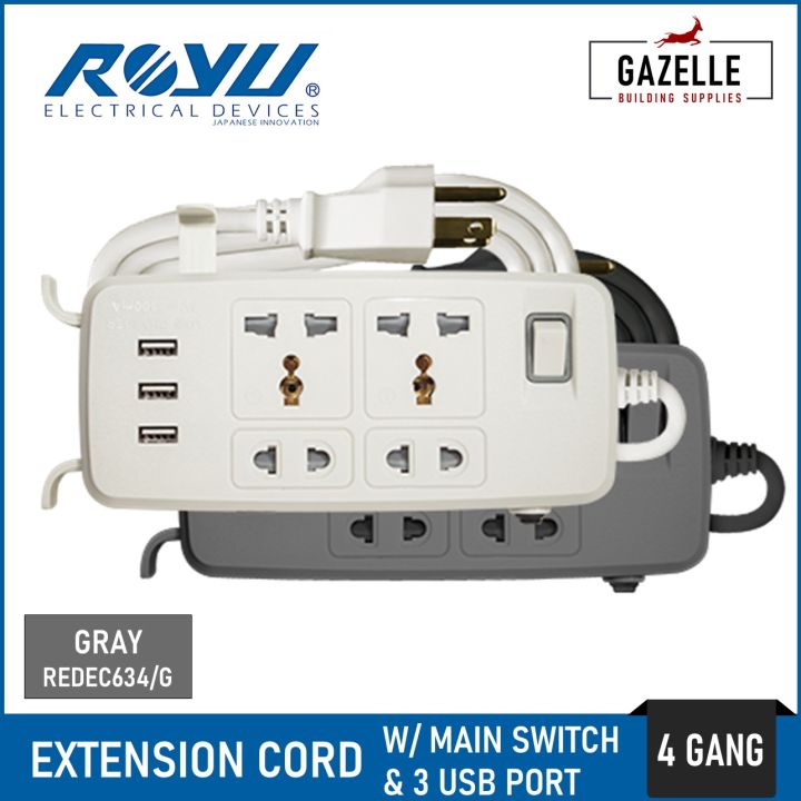 Royu Power Extension Cord One Main Switch and 3 USB Ports 2 Meter Cord ...