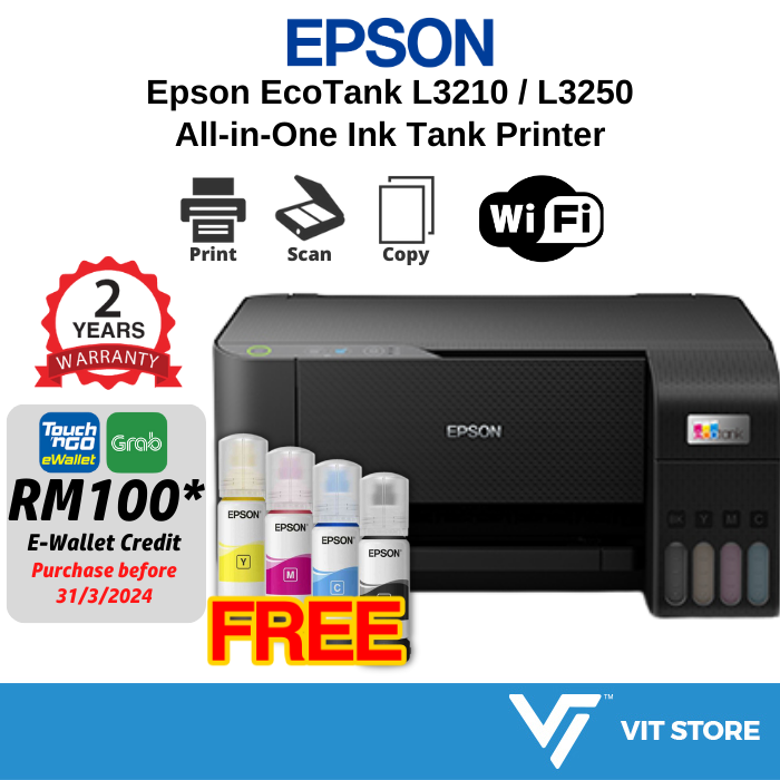 Epson EcoTank L3210 USB L3250 L3256 Wireless Wifi All-in-One Ink Tank Printer Print Copy Scan 2Y ...
