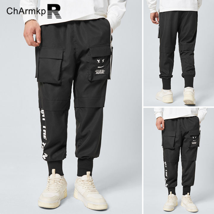 ChArmkpR กางเกงแฟชั่นผู้ชาย,กางเกงคาร์โก้มีกระเป๋ามีพิมพ์ลายหน้ายิ้มตัว ...