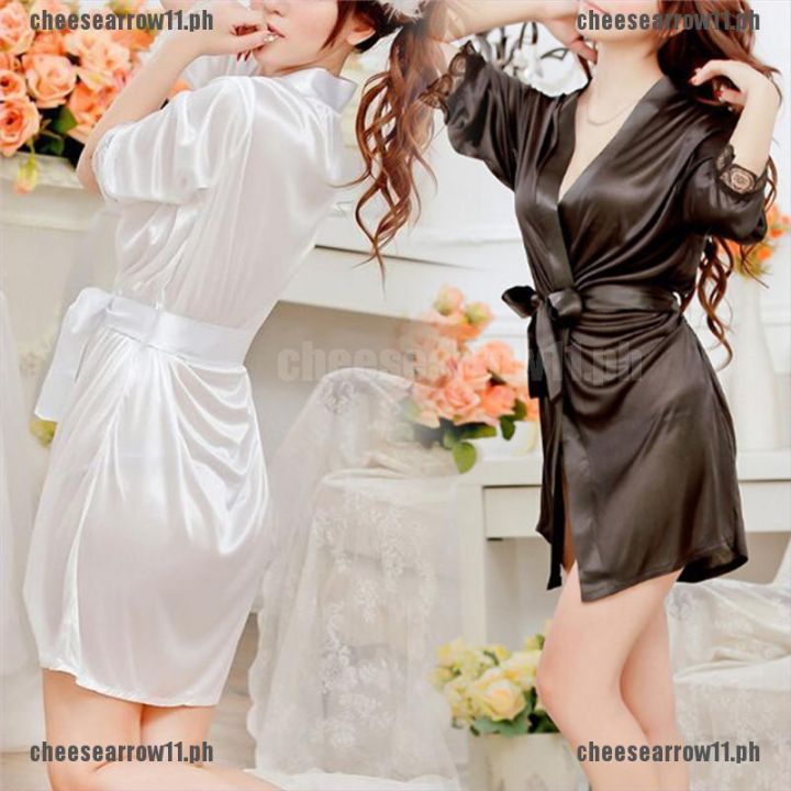 【cheese】Sexy Satin Night Robe Lace Bathrobe Perfect Wedding Bride ...