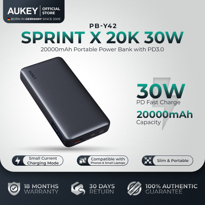 AUKEY PB-Y42 Sprint X 20,000mAh Power Bank 30W, Fast Charging USB-C PD ...