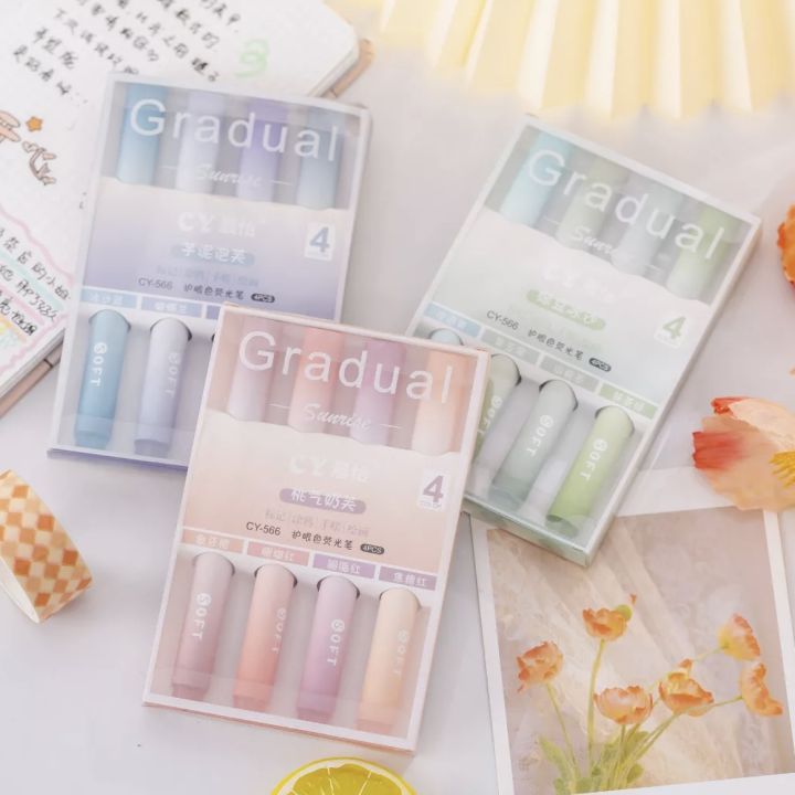 4Pcs/Set Brief Style Gradual Sunrise Highlighter Pens Set Fluorescent ...