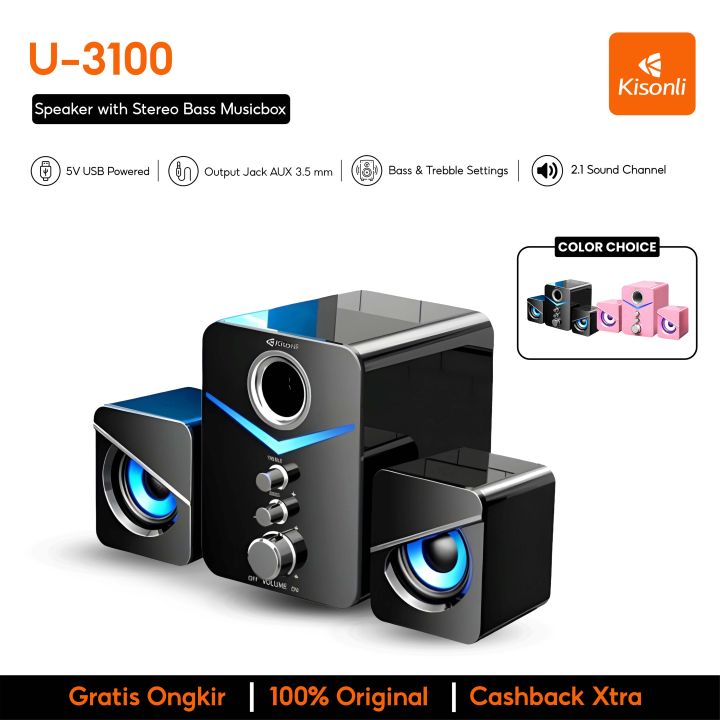 KISONLI Speaker Komputer/Laptop U3100 Bass, Treble And Subwoofer - Pink ...