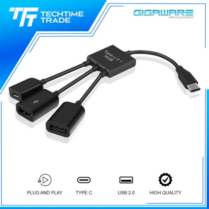 3 in 1 Type C HUB Male to Female Double USB 2.0 + Female Micro USB Hub ...