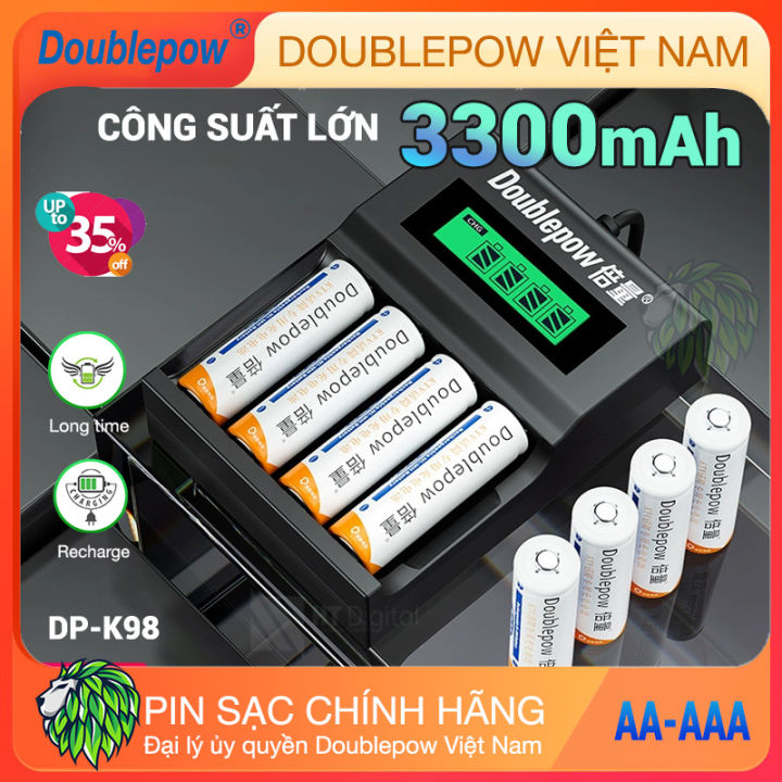 Bộ Sạc Pin AA AAA thông minh, hộp 4 pin tiểu sạc dung lượng cao từ 900 đến 3300mAh Doublepow ...