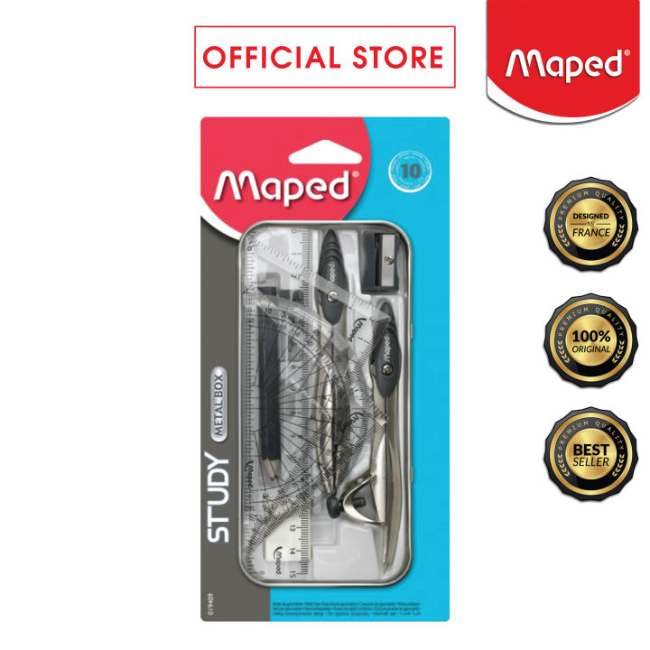 Maped Full 10 Piece Geometry Metal Compass Set with Metal Box, Ruler in ...