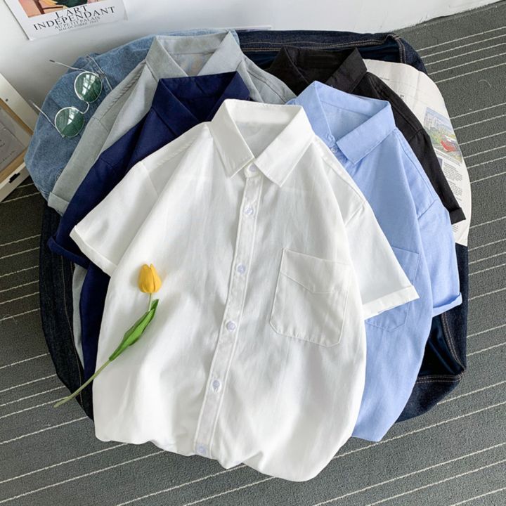 Korean Style Lapel Short Sleeve Men Shirt Patch Pocket Single Breasted ...