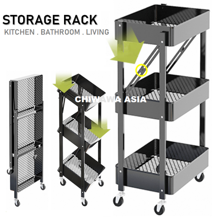 Foldable 3 Tier Layer Storage Rack Kitchen Living Trolley Shelf ...