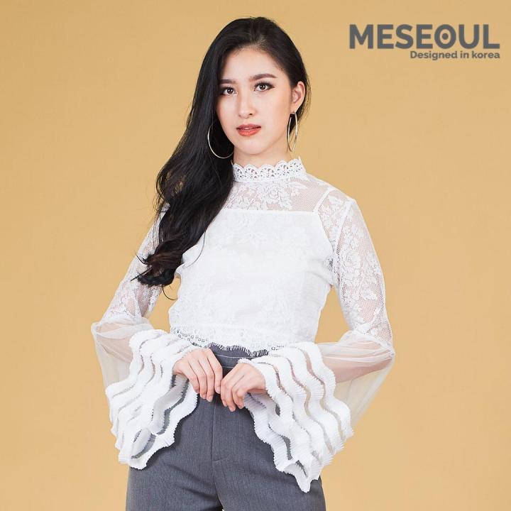 MESEOUL - เสื้อครอปลูกไม้คอตั้ง แขนยาวปลายแขนบาน | Lazada.co.th