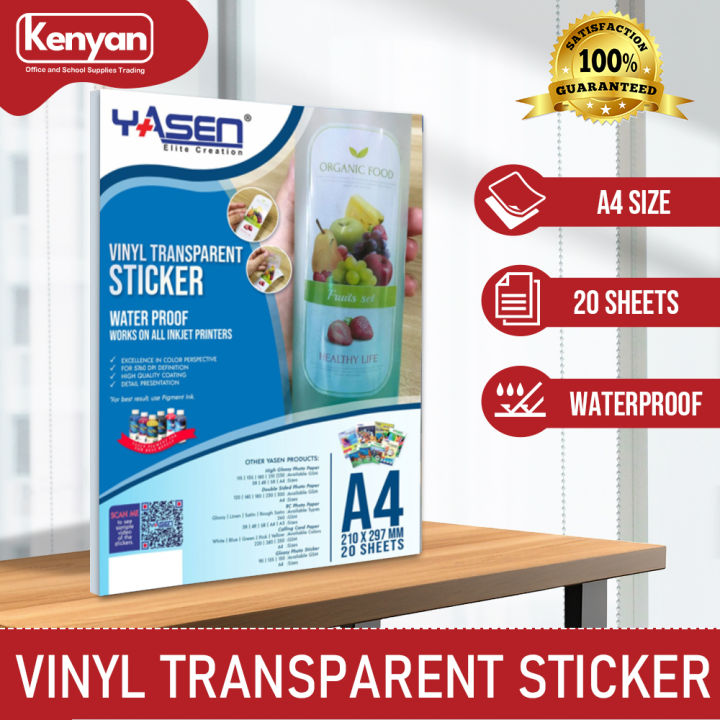 Yasen Transparent Vinyl Sticker Paper A4 150GSM | 20 Sheets Waterproof ...