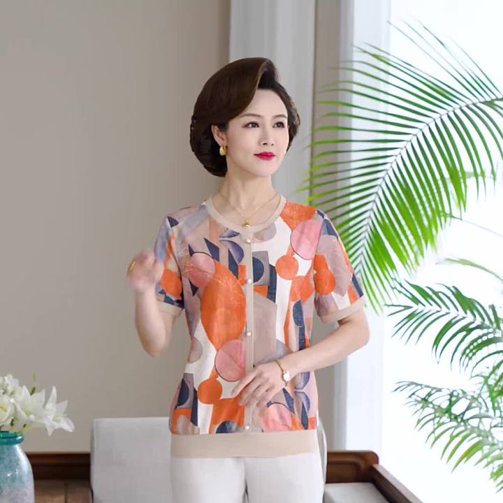 FE2023 ชุดฤดูร้อนใหม่สำหรับคุณแม่วัยกลางคนและผู้สูงอายุผ้าไหมน้ำแข็งแขนสั้นสองชิ้น T เสื้อเชิ้ต ...