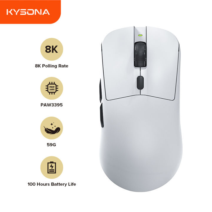 Kysona M617 White PAW3395 Wireless Gaming Mouse 8K Polg Rate 26000DPI ...