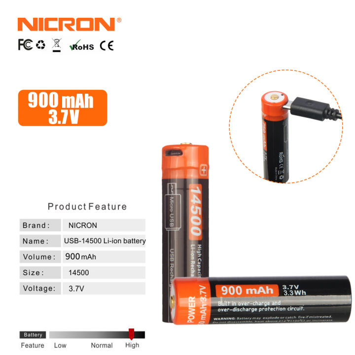 Nicron 14500 แบตเตอรี่ความจุสูงแบบชาร์จไฟได้ 900mAh 3.7V สำหรับไฟฉาย ...