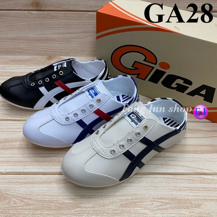 GiGa GA28 รองเท้าผ้าใบแฟชั่นไร้สาย แบบหนัง (36-41) สีดำ/ขาว/กรม ...