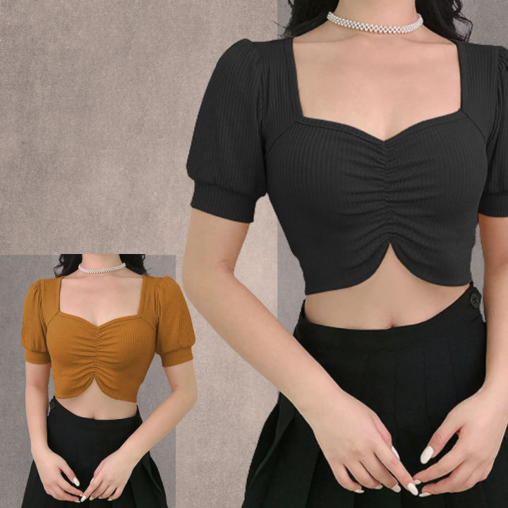 SASA Korean Crop Top Cinched Cut Garter Tops V Neck Blouse | Lazada PH