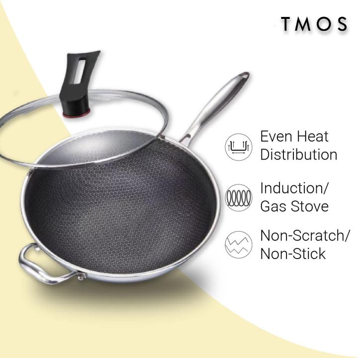 TMOS Honeycomb Wok Pan Non Stick Stainless Steel Grill Deep Fry Glass ...