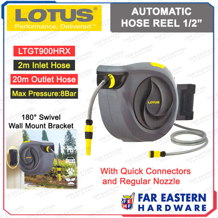 LOTUS Automatic Garden Hose Reel 1/2" x 20m w/ Nozzle Quick Connector ...