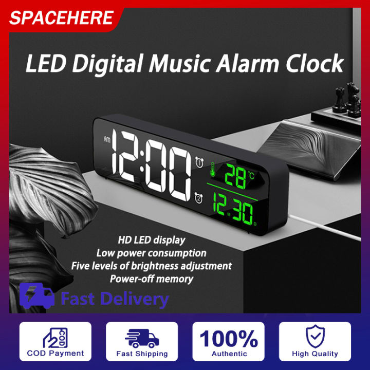 Electronic Alarm Clock Mirror Large Screen Digital Indoor Temperature ...