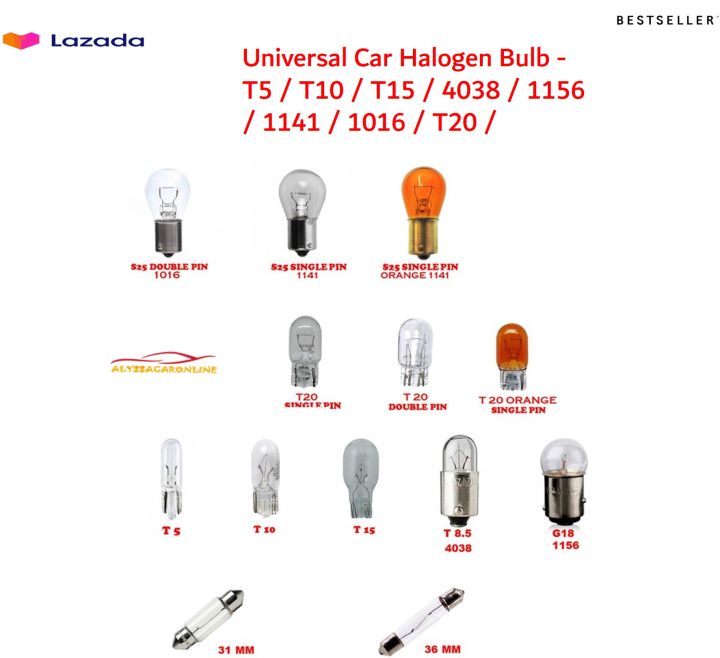Universal Car Halogen Bulb - T5 / T10 / T15 / 4038 / 1156 / 1141 / 1016 ...