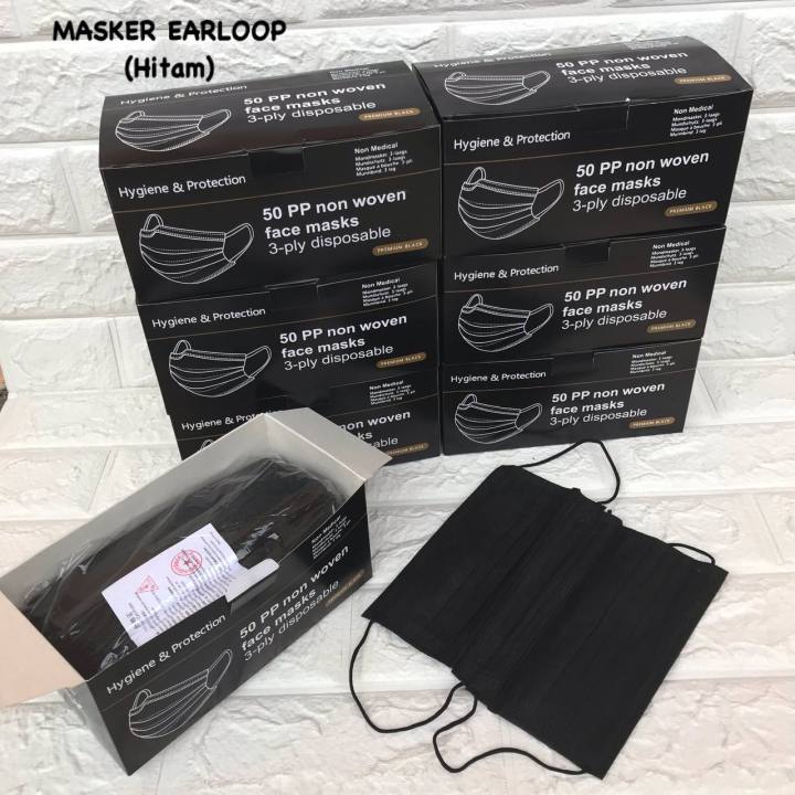 MASKER EARLOOP 3PLY BLACK ISI 50PCS / HITAM NON WOVEN NON MEDIS MURAH ...