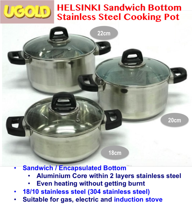 HELSINKI Sandwich Bottom Stainless Steel Cooking Pot 18cm / 20cm / 22cm ...