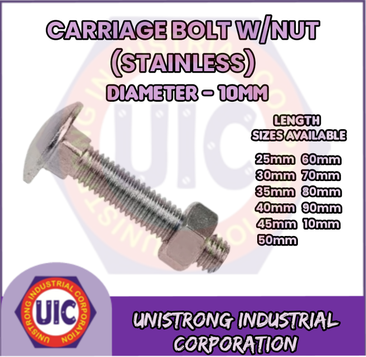 CARRIAGE BOLT WITH NUT (STAINLESS) DIAMETER - 10mm (2 SETS) | Lazada PH