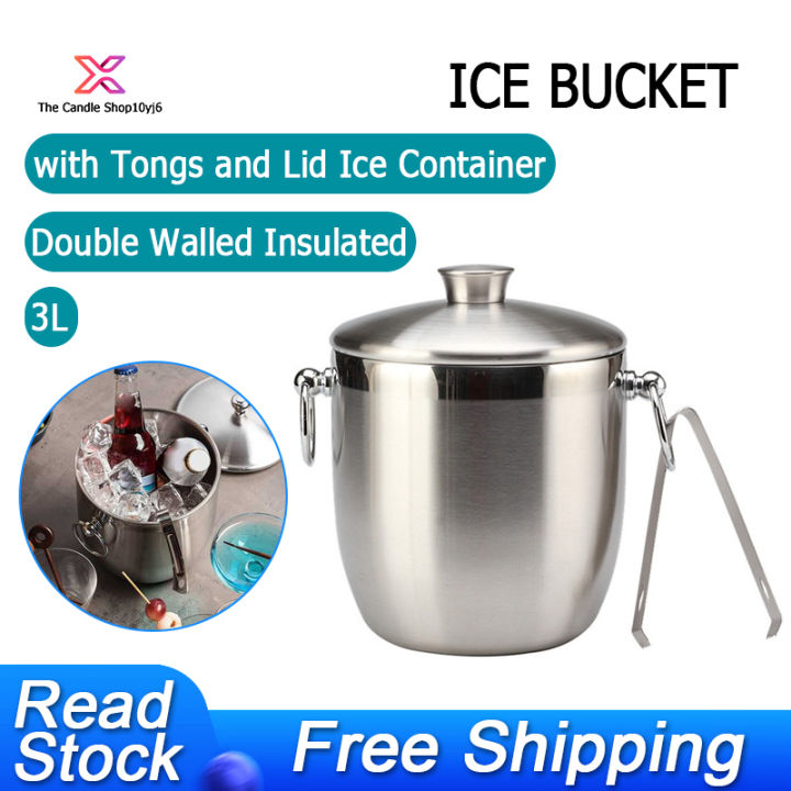 Stainless Steel Ice Bucket with Tongs Liter Double Walled Insulated ...
