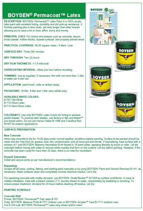 BOYSEN PERMACOAT B-701 Flat/710 Gloss/715 Semi-Gloss Latex White 4 ...