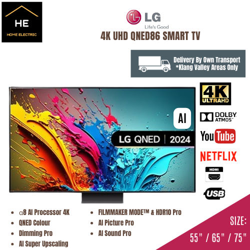LG QNED86 55 / 65 / 75 Inch 120hz 4K Smart QNED TV with α8 AI Processor ...