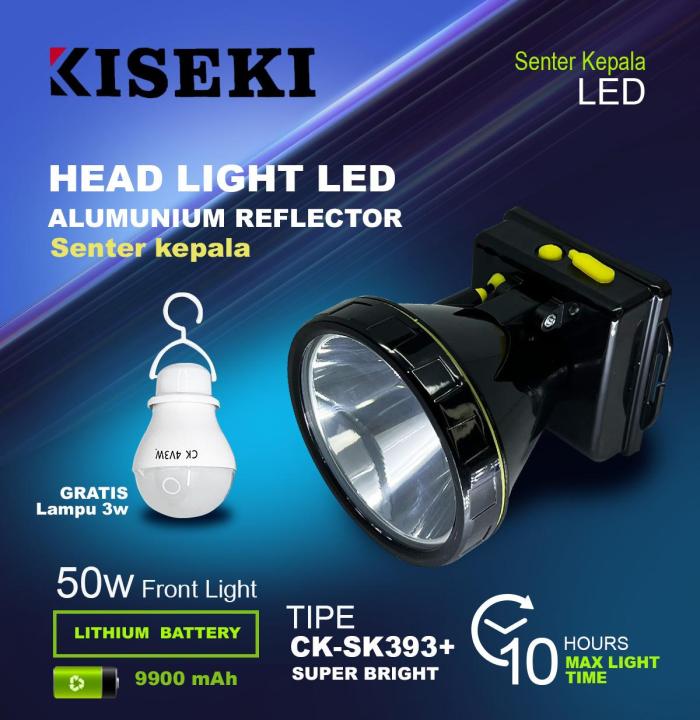 New Senter Kepala Kiseki CK 393+ 50 Watt putih Headlamp bonus Lampu ...