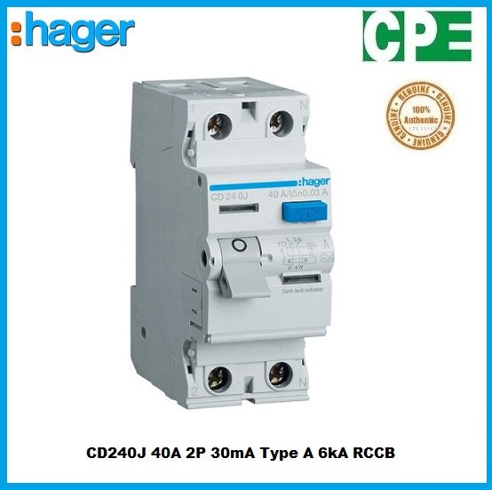 HAGER CD240J 40A 2 POLE 30mA ELCB RCCB - TYPE A FOR EV CHARGER USE ...