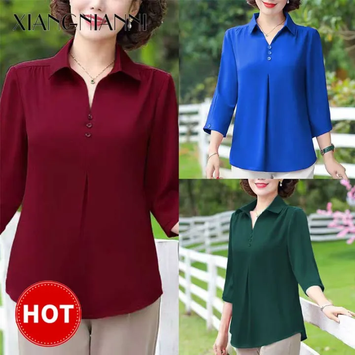 XIANG NIAN NI เสื้อเชิ้ตแขนยาวผู้หญิงสีทึบขนาดใหญ่หลวมวัยกลางคนและ ...