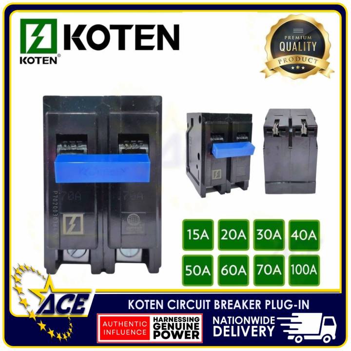 Koten Circuit Breaker Plug-in 2 Pole HPH-P 2P 15A | 20A | 30A | 40A | 50A | 60A | 70A | 100A Amp ...
