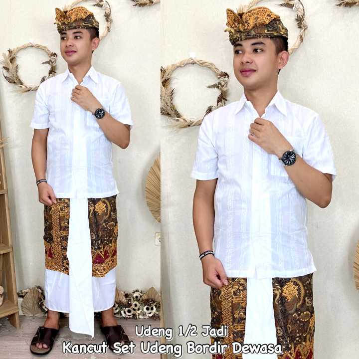 set busana adat ke pura /pakaian adat bali pria / set busana adat pria/kemeja putih set kancut ...